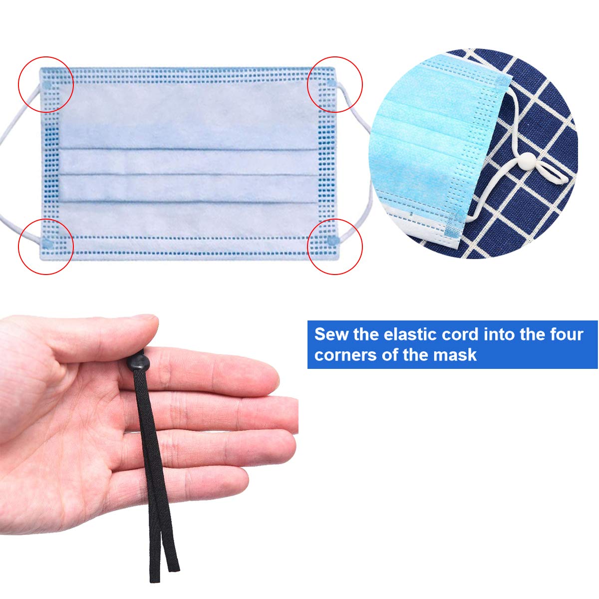 200PCS Black & White Face Mask Elastic,Retractable Elastic String for Masks,Elastic for mask with Adjustable Buckle, Sewing Comfortable Ear Hanging Rope