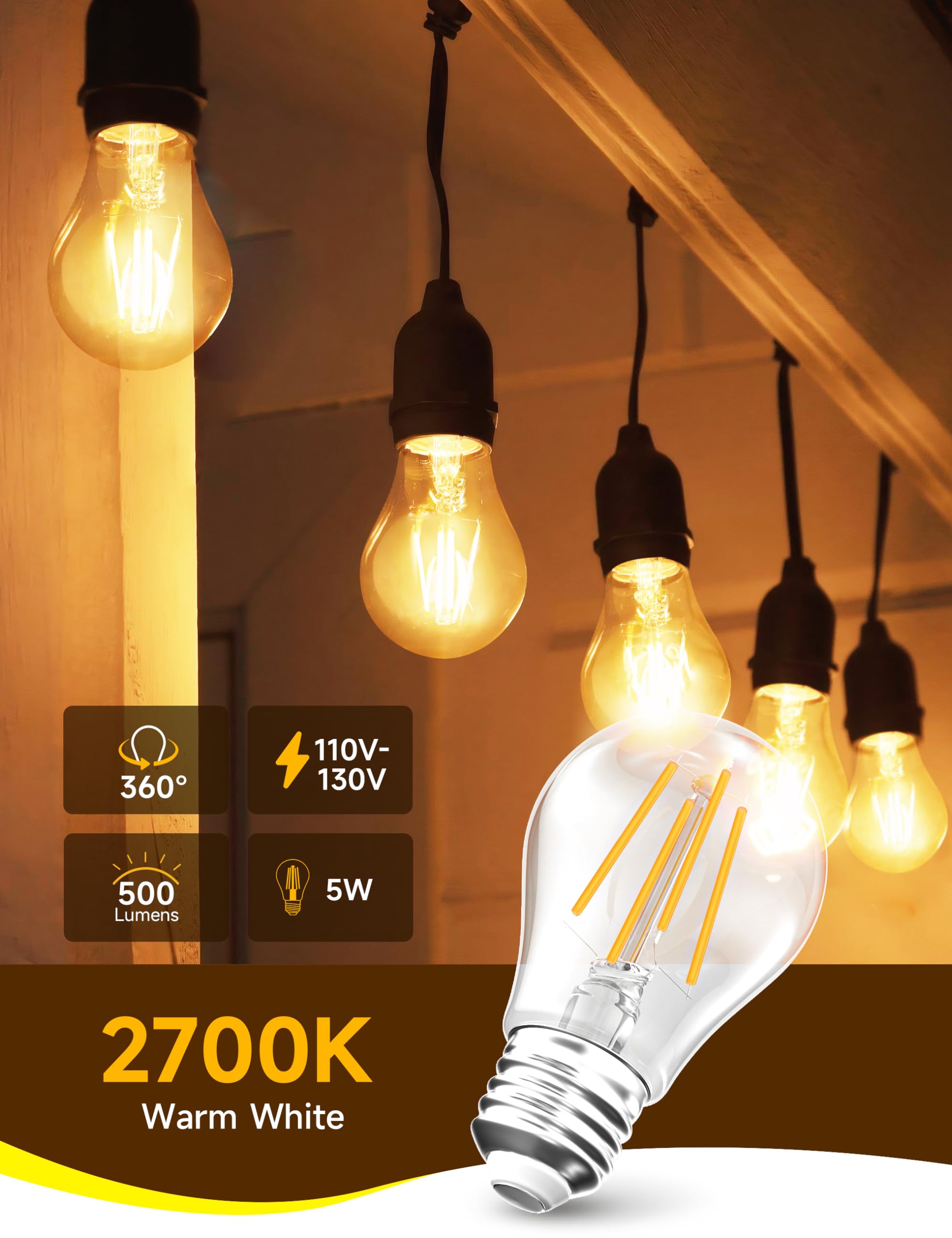 UNILAMP A15 Dimmable LED Light Bulbs, E26 Edison Light Bulb 40 Watt Equivalent, 5W LED Filament Light Bulb, Warm White 2700K, 500LM Ceiling Fan Light Bulbs for Vintage Appliance Bulb, 4 Pack