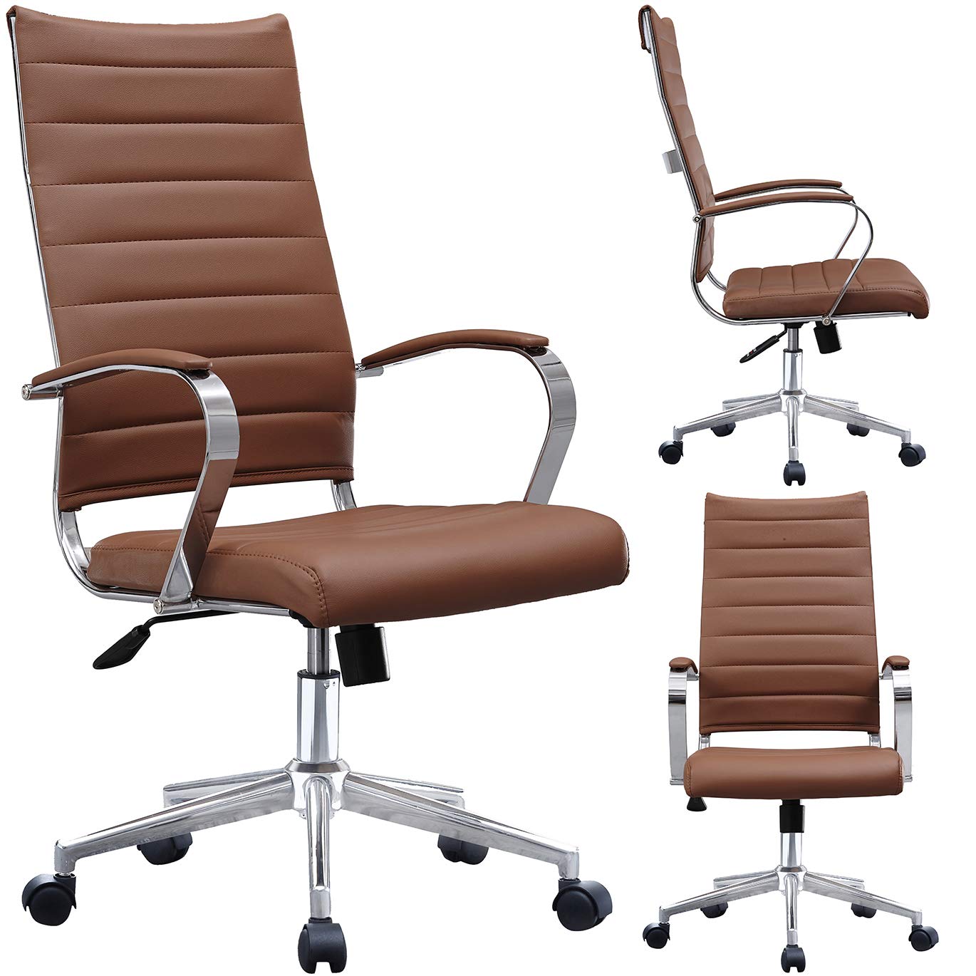 2xhome Contemporary Mid Century Modern High Back Tall Ribbed PU Leather Swivel Tilt Adjustable Chair with Back