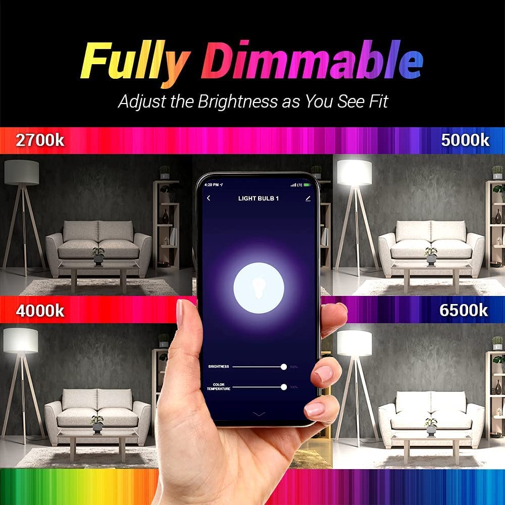 4 Pack BR30 WiFi Smart Light Bulbs - No Hub Required 13W (100W Watt Equivalent) Indoor Smart Bulb - Dimmable Compatible with Amazon Alexa Google Assistant and Smart Life Apps Smart Flood RGBCW Bulb