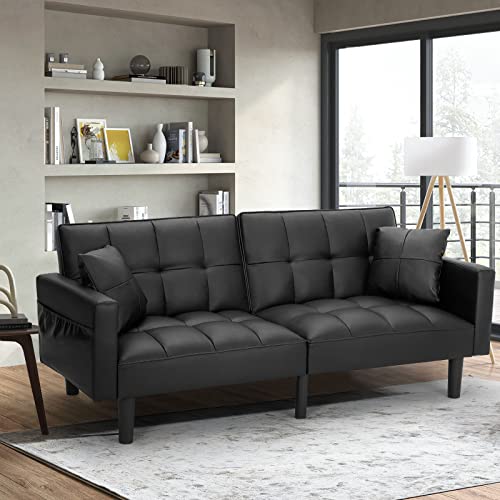 AVAWING Futon Sofa Bed, Modern Leather Convertible Sofa Bed Upholstered Sleeper Sofa Couch Bed with Adjustable Back, Arms and High Strength Nylon Legs for Living Room, Apartment, Office(Black)