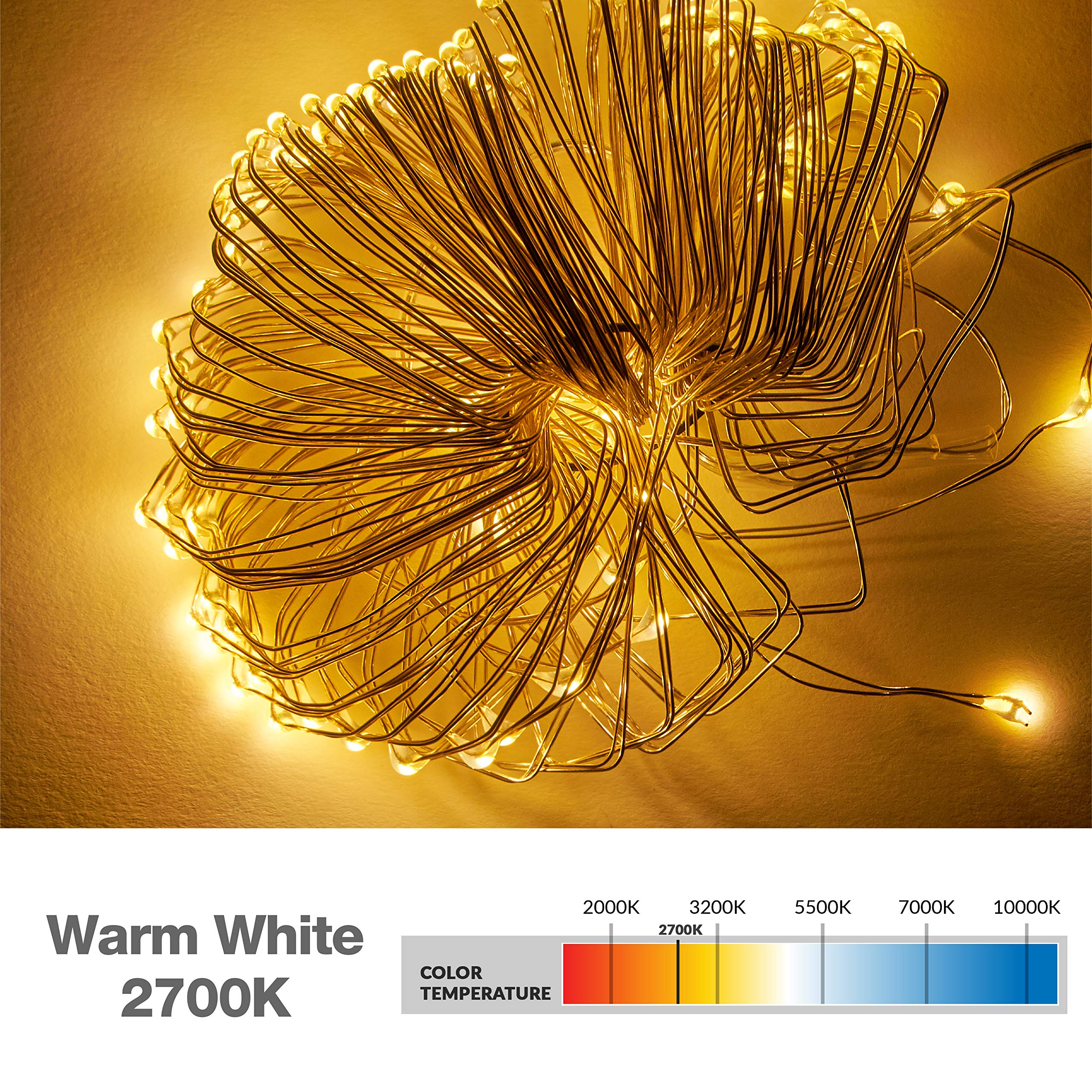 33ft Battery-Powered LED String Lights with 100 LED Lights, Waterproof Indoor Fairy Lights, Party Lights, Dorm Room Essentials (Copper Wire Lights, Warm White)