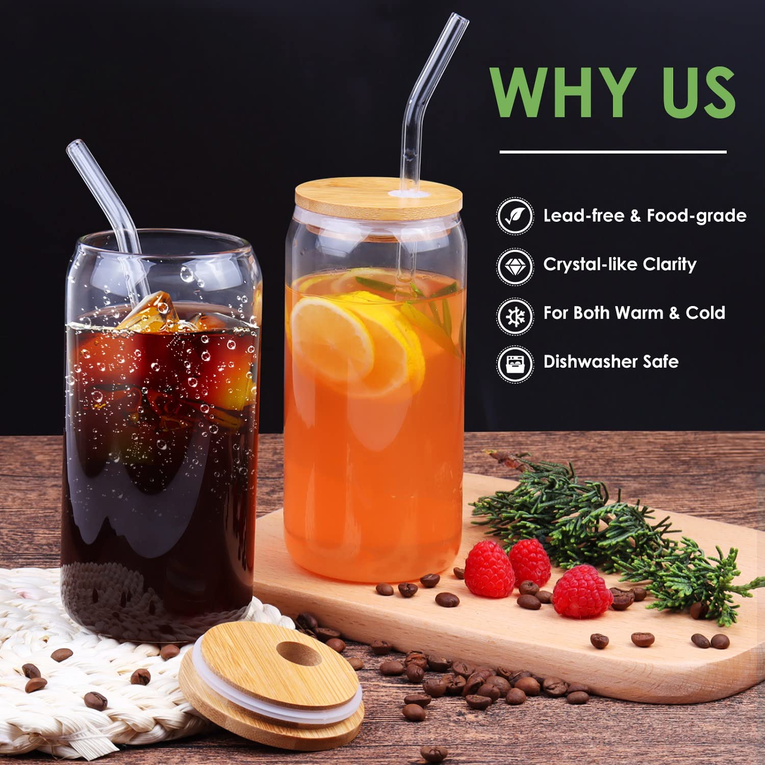 2Pack 16OZ Glass Cups with Lids and Straws ,Smoothie Cup Glass Tumbler with Straw and Lid,Iced Coffee Cup with Lids and Glass Straws ,for Coffee Bar Accessories,Juice, Boba, Smoothie, Tea, Kombucha