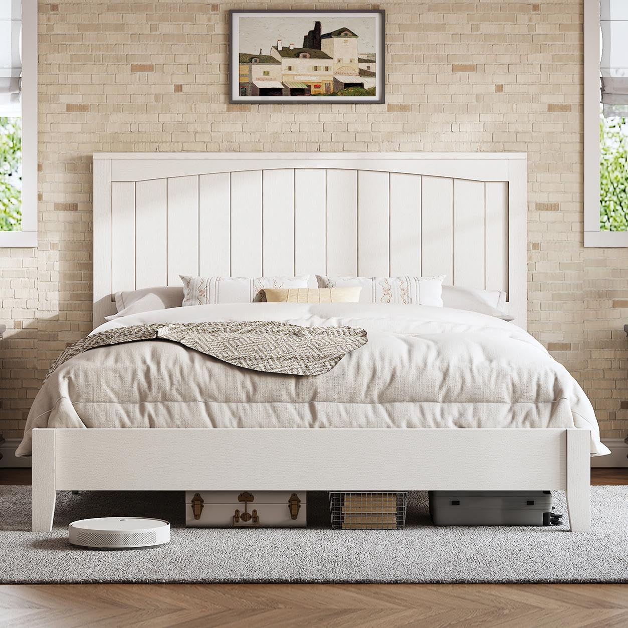 Albott Queen Size Wood Bed Frame with Headboard, Platform Bed Frame with Wood Slat Support No Box Spring Needed/Easy Assembly, Rustic Pine, White