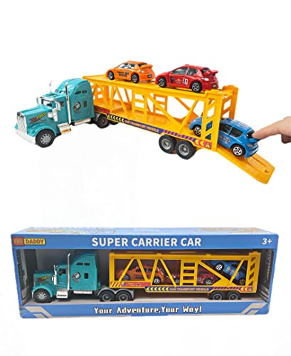 Big Daddy Heavy Duty Tractor Trailer Race Car Carrier Toy Truck with 3 Cars Bundle