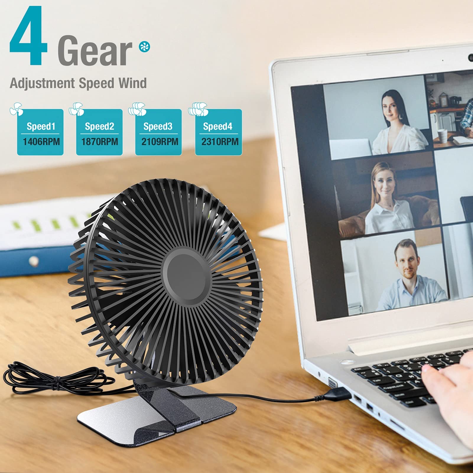 xasla 6'' USB Desk Fan, 4 Speeds Small Desk Fan, Ultra Quiet Electric Plug In, 90° Adjustment, Strong Wind, USB Powered, Portable Desktop Table Fan for Home Office
