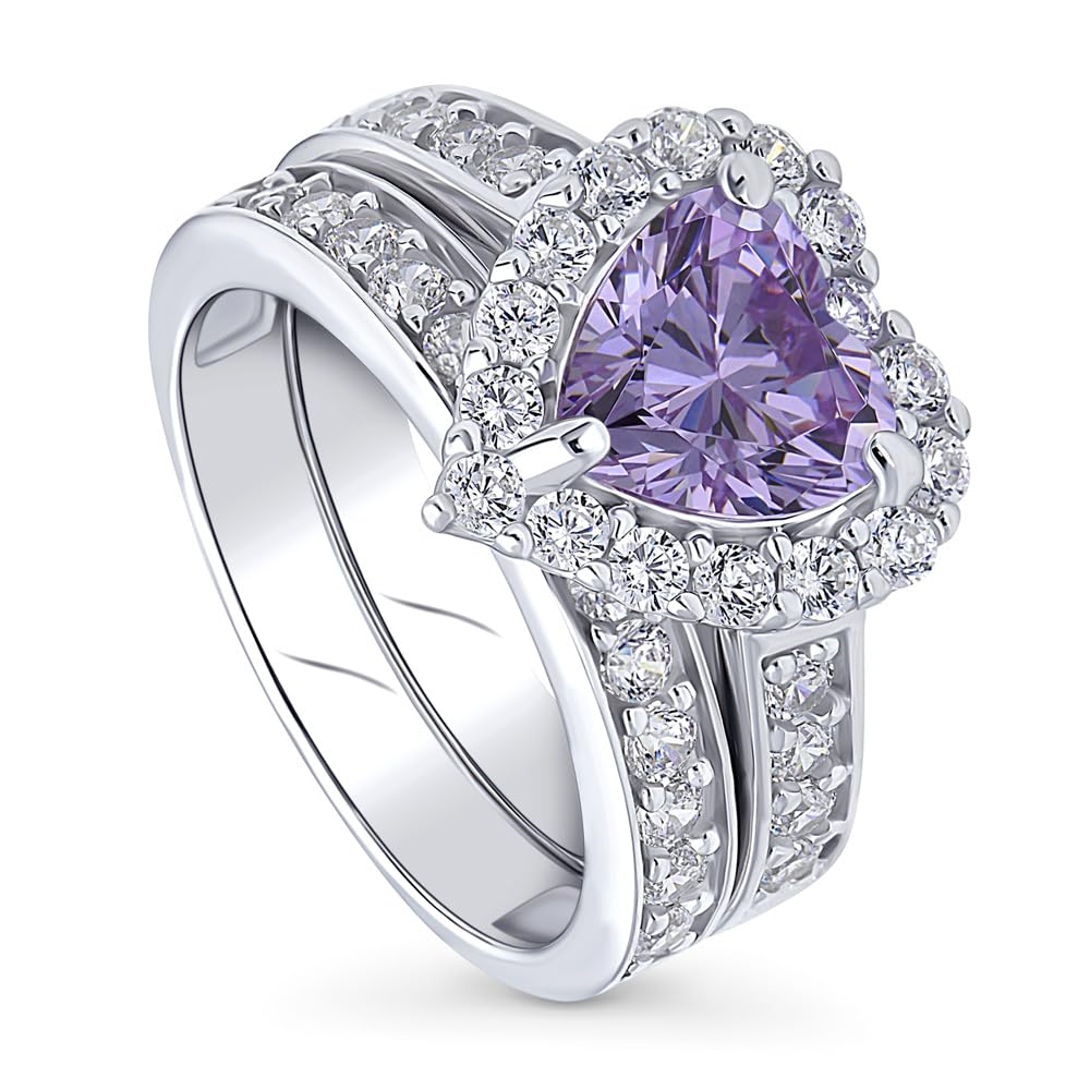 BERRICLE Sterling Silver Halo Wedding Engagement Rings Purple Heart Shaped Cubic Zirconia CZ Heart Ring Set for Women, Rhodium Plated Size 7