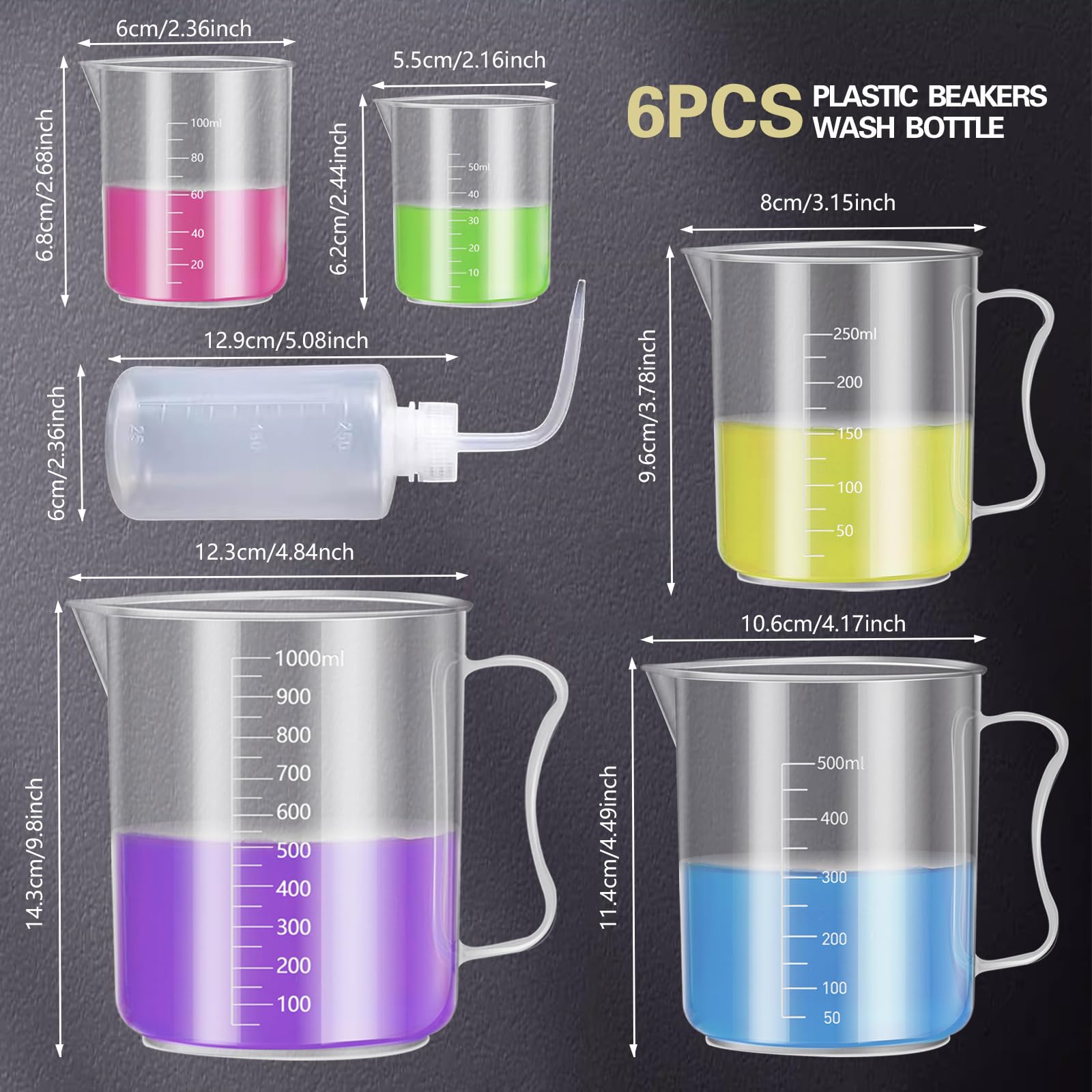 Aeseusia Graduated Cylinders Plastic Beakers, 10ml 25ml 50ml 100ml Plastic Measuring Cylinders, 50ml 100ml 250ml 500ml 1000ml Plastic Beakers with Pipettes,Plastic Funnel,Wash Bottle and Brushes