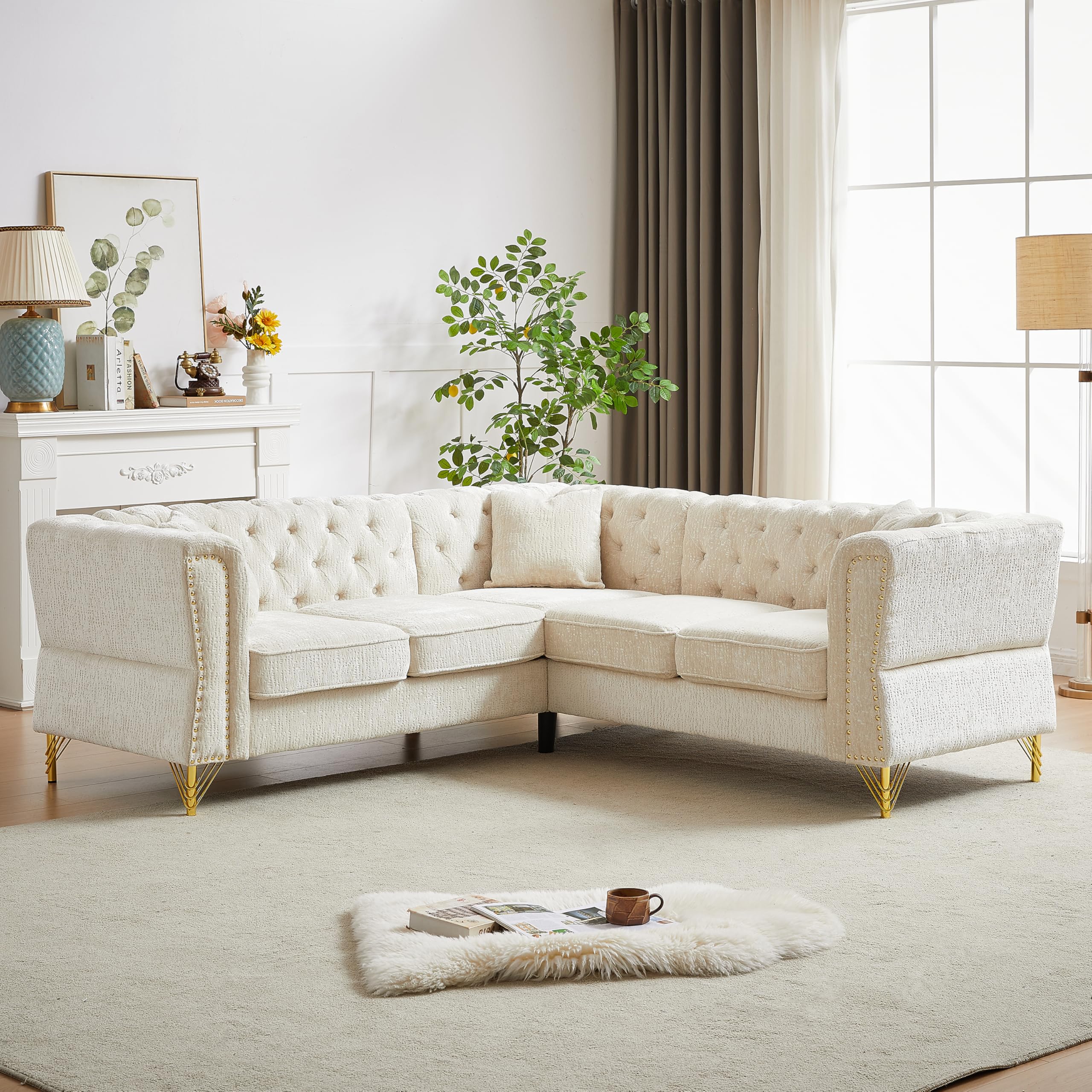 Acosure 110 Inch Cloud L Shape Couches with Cup Holder,USB T-pyce Port,Corduroy Corner Sofa W/Two Storage Spaces,for Living Room,Bedroom,Apartment,Office,Beige, 110"