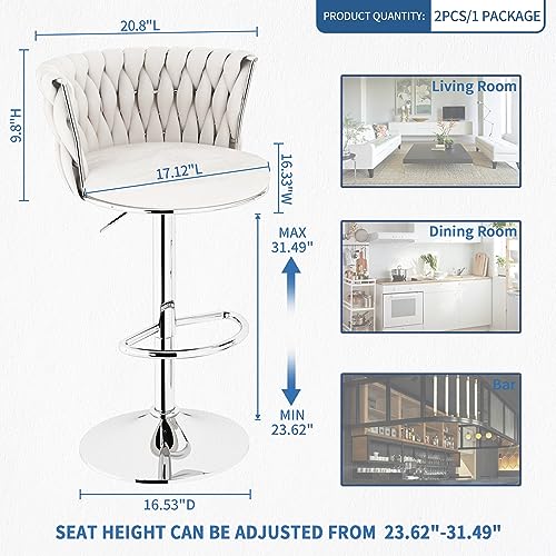 AWQM Velvet Bar Stool Set of 4,Counter Height Barstools Adjustable Kitchen Island Chairs,Swivel Bar Stools Upholstered Bar Chairs Counter Stool Armless Chairs with Back & Footrest, Beige