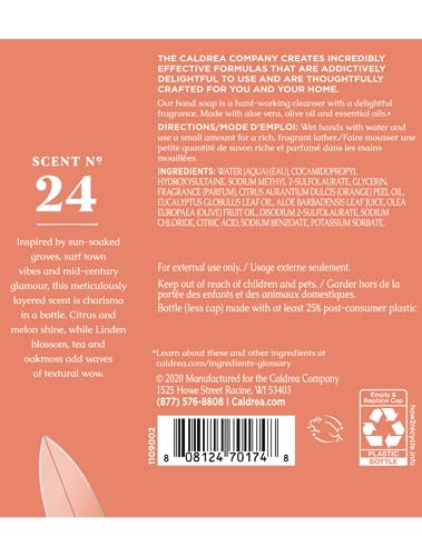 Caldrea Hand Soap Refill, Aloe Vera Gel, Olive Oil And Essential Oils To Cleanse And Condition, Tangelo Palm Frond Scent, 32 Oz