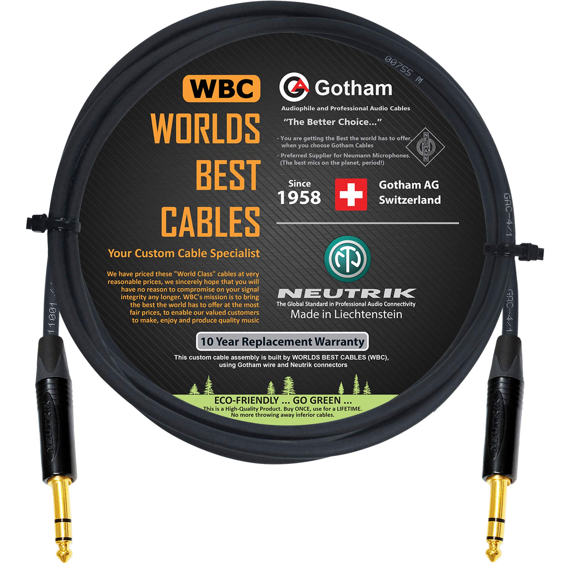 3 Foot - Gotham GAC-4/1 (Black) - Star Quad - 2xShielded (100% coverage) Balanced Patch Cable w/ Neutrik NP3X-B ¼ Inch (6.35mm) TRS Plugs - CUSTOM MADE By WORLDS BEST CABLES