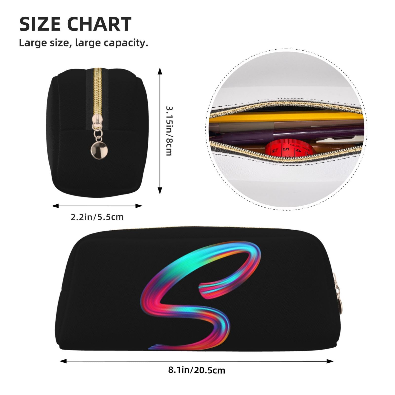 Cute Initial Pencil Case for Kids Simple Leather Pencil Pouch for Boys Girls Letter Design Pencil Box Pen Bag Pencil Pouch Office Stationery Organizer, Rainbow Letter S
