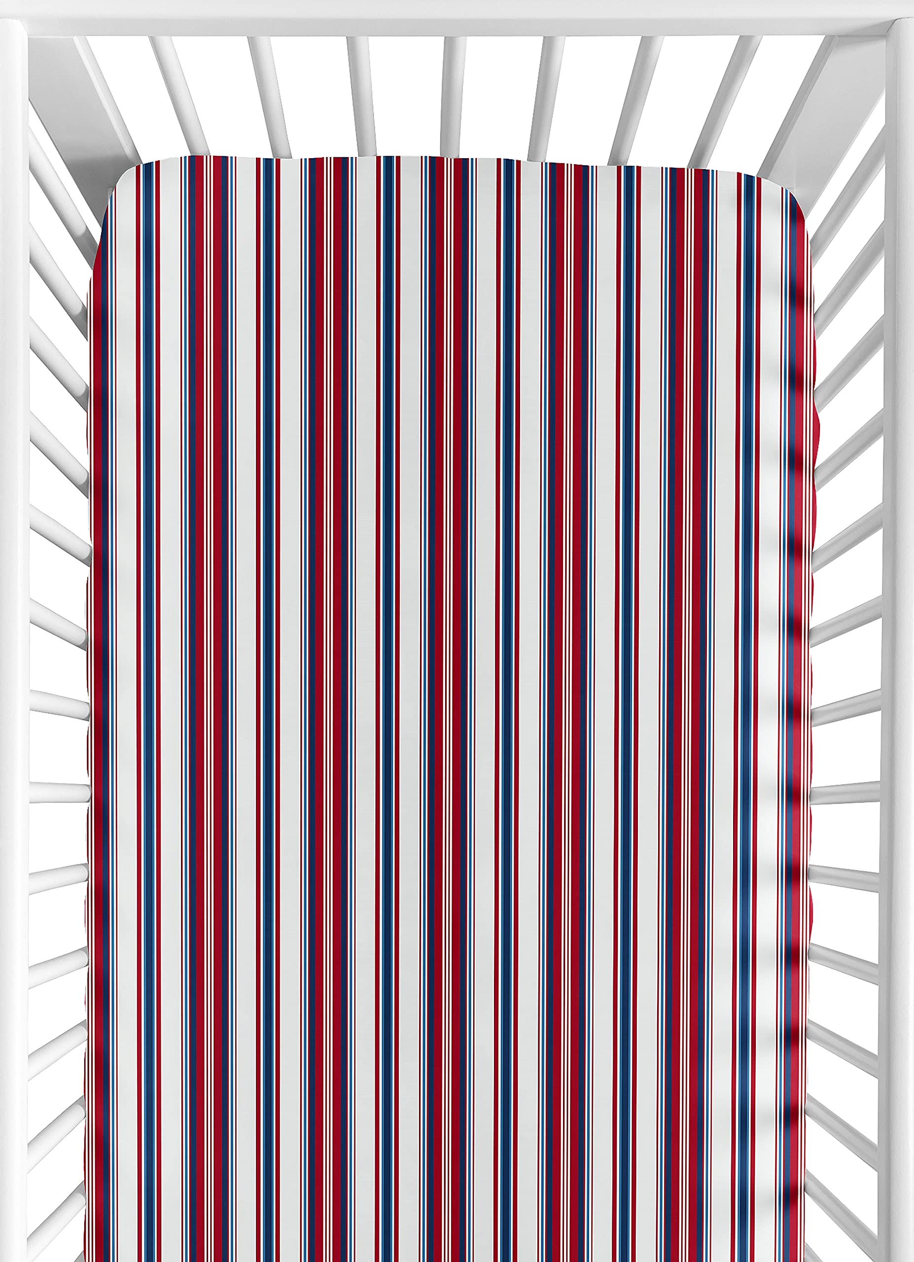 Sweet Jojo Designs Red, White and Blue Striped Baby or Toddler Fitted Crib Sheet for Baseball Patch Sports Collection