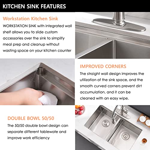 30 Inch Kitchen Sink Double Bowl Stainless Steel-HACHENL 30"×18" Undermount Double Bowl Kitchen Sink Workstation Ledge SUS304 Stainless Steel Kitchen Sink 10 Inch Deep 50/50 Double Bowl Kitchen Sinks