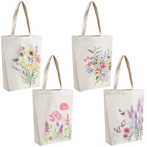 4 Pieces Reusable Tote Bags Canvas Tote Bags Canvas Reusable Shopping Bags Makeup Bags for Girls Women (Flower Style)
