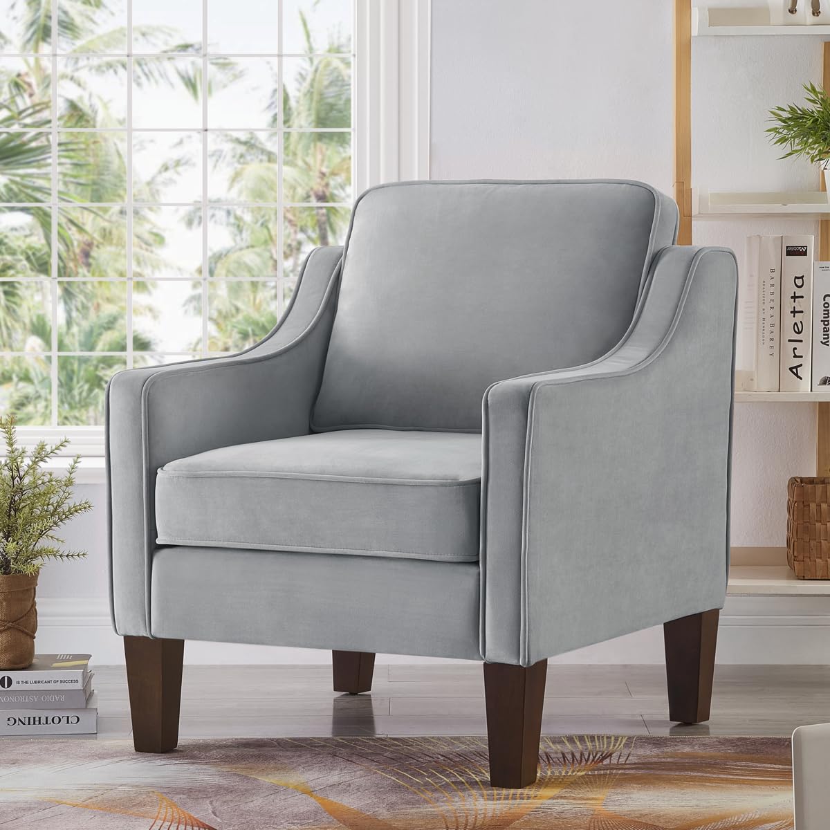 24KF Upholstered Single Sofa with Wood Legs, Modern 1-Seater Sofa with Armrests, Comfy Velvet Accent Chair for Living Room-Gray