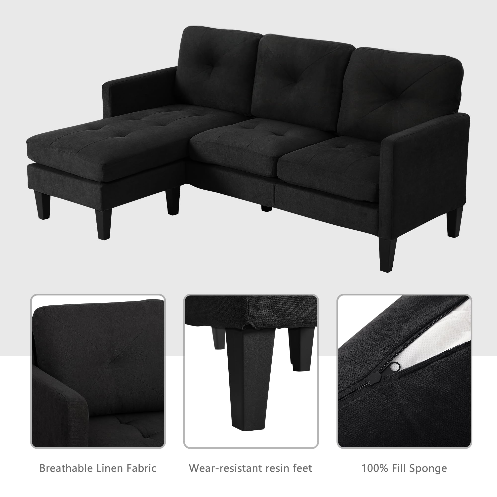 LETATA Convertible Sectional Sofa Couch with Chaise, Black L Shaped Couch Sofa Set with Reversible Ottoman for Living Room,Apartment,Small Spaces (Black)