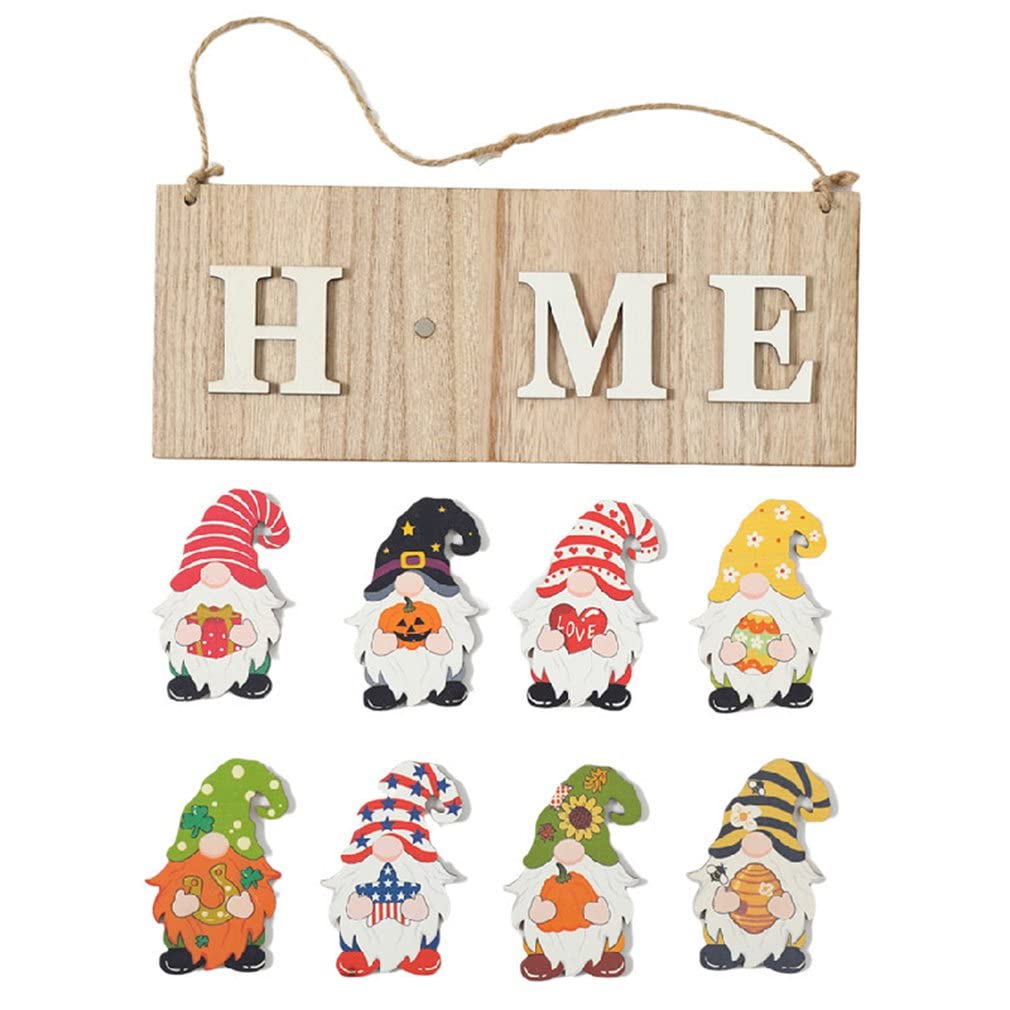 Gnome Sign Interchangeable Welcome Sign Home Door Sign Wooden Door Hanger Ornaments Home Sign Rustic Farmhouse with Interchangeable Holiday Pieces for Housewarming Garden Decor