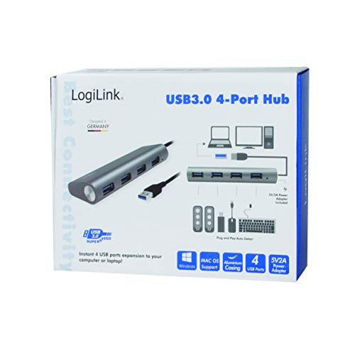 LogiLink USB Hub for PC/Laptop, Aluminium Housing Aluminium Silver 4-Port