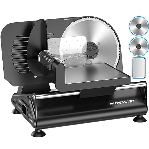 200W Meat Slicer with Two 7.5” Blades & One Stainless Steel Tray for Home Use, Electric Deli Food Slicer with “Upgrade” Big Thickness Knob (0-15mm) Cut Meat Cheese Bread, Easy to Clean