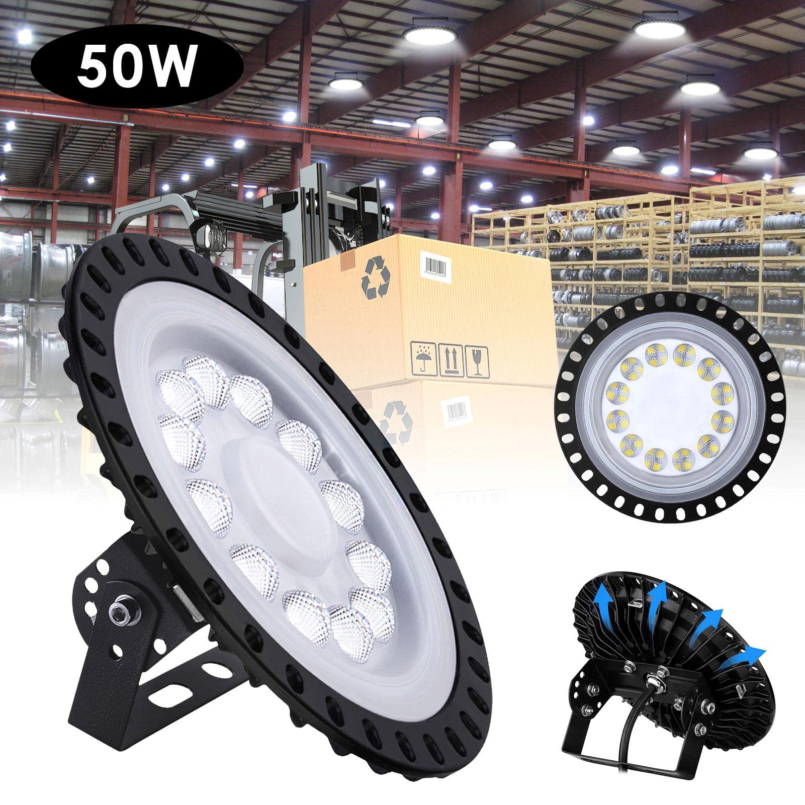 50W UFO LED High Bay Light, 6000-6500K Cool White LED Workshop Light, Ultra Thin Factory Warehouse LED Industrial Lighting, IP65 Waterproof Commercial Bay Lighting for Garage Factory Gym