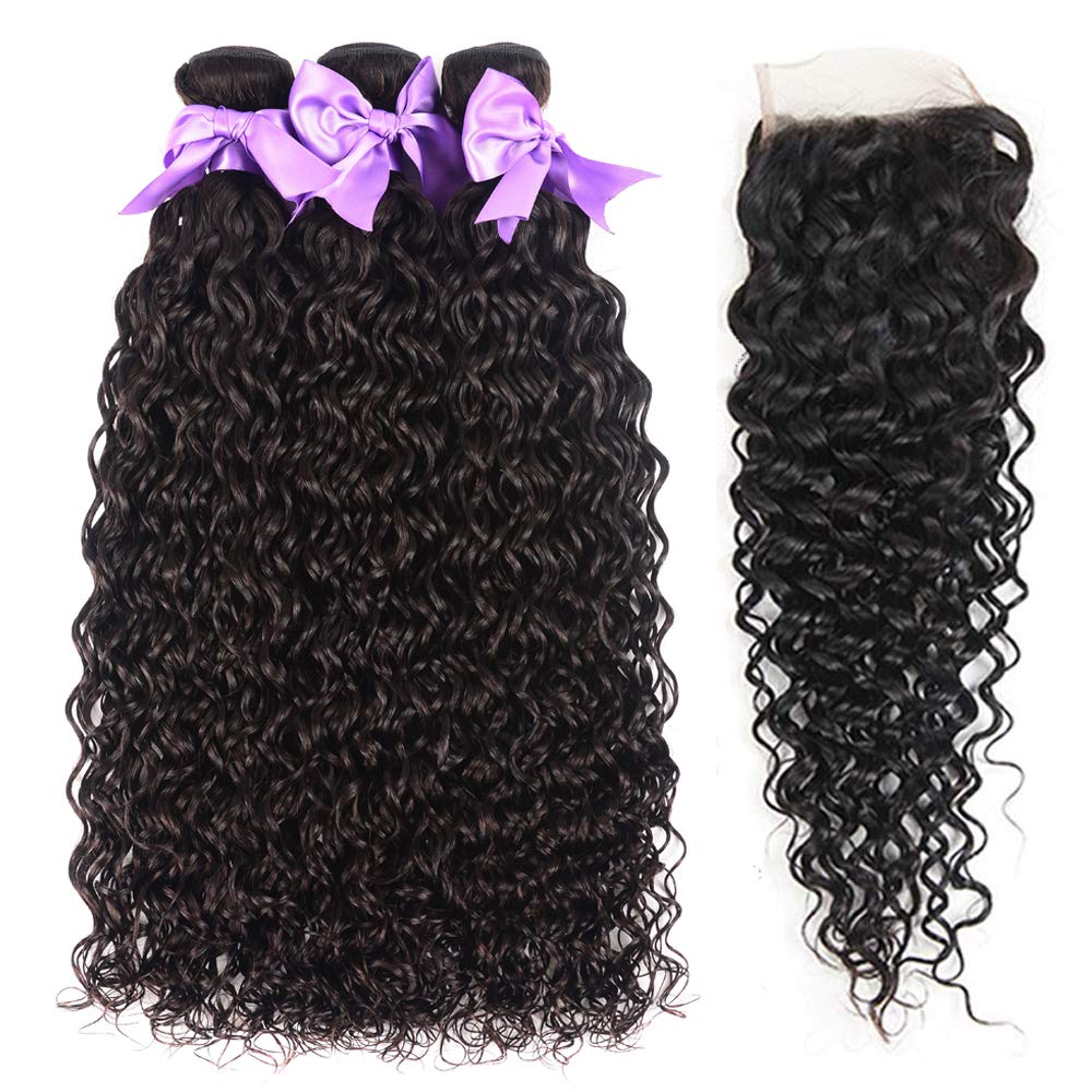 Laritaiya Water Wave Bundles With Closure Human Hair (18 20 22+16) Wet and Wavy Human Hair 3 Bundles with Closure 100% Unprocessed Deep Curly Human Hair Bundles With Closure Natural Black Color