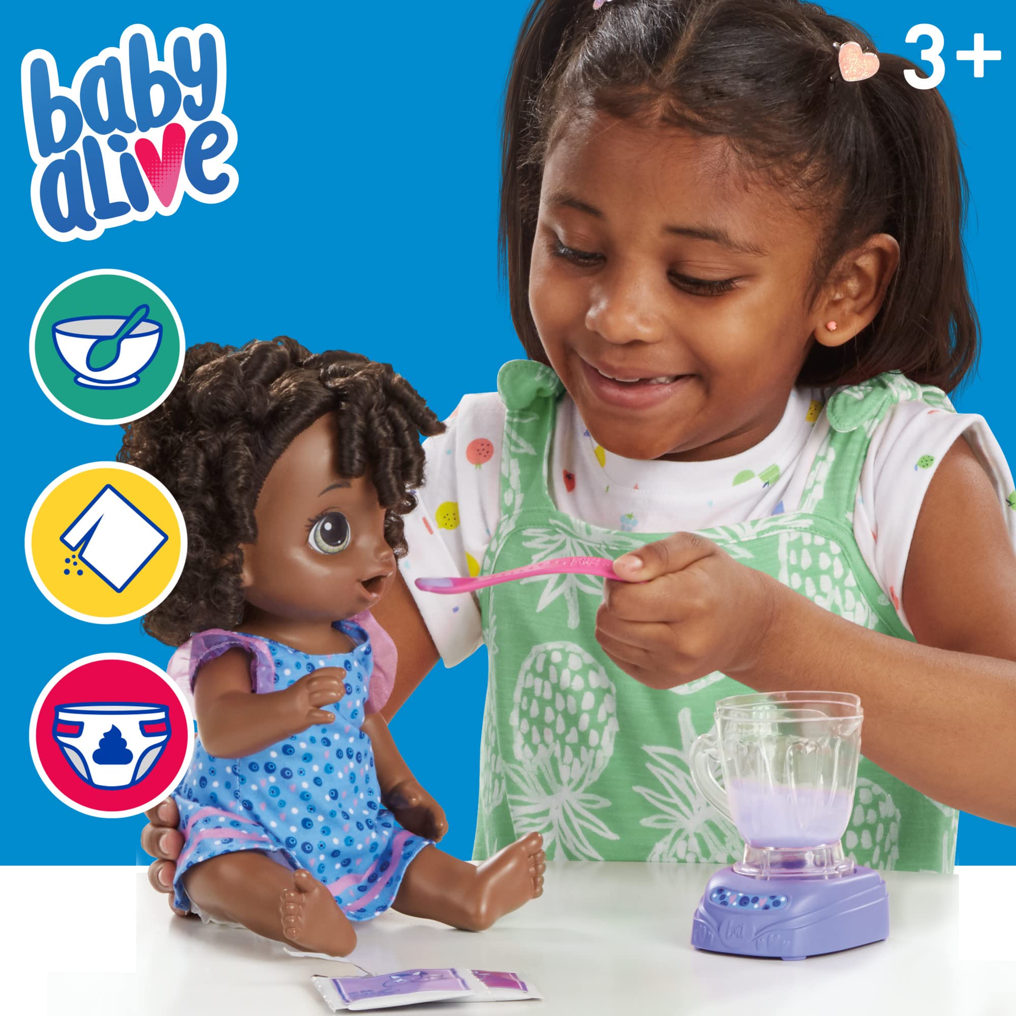 Baby Alive Magical Mixer Baby Doll Blueberry Blast with Blender Accessories, Drinks, Wets, Eats, Black Hair Toy for Kids Ages 3 and Up