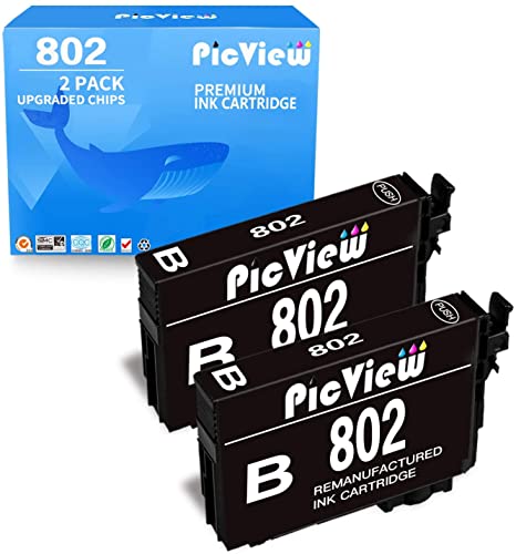 PicView Remanufactured 2 Pack 802 Black Ink Cartridge Replacement for Epson 802XL T802 T802XL T802XL120 for Epson Workforce Pro WF-4740 WF-4730 WF-4720 WF-4734 EC-4040 EC-4030 EC-4020 Inkjet Printer