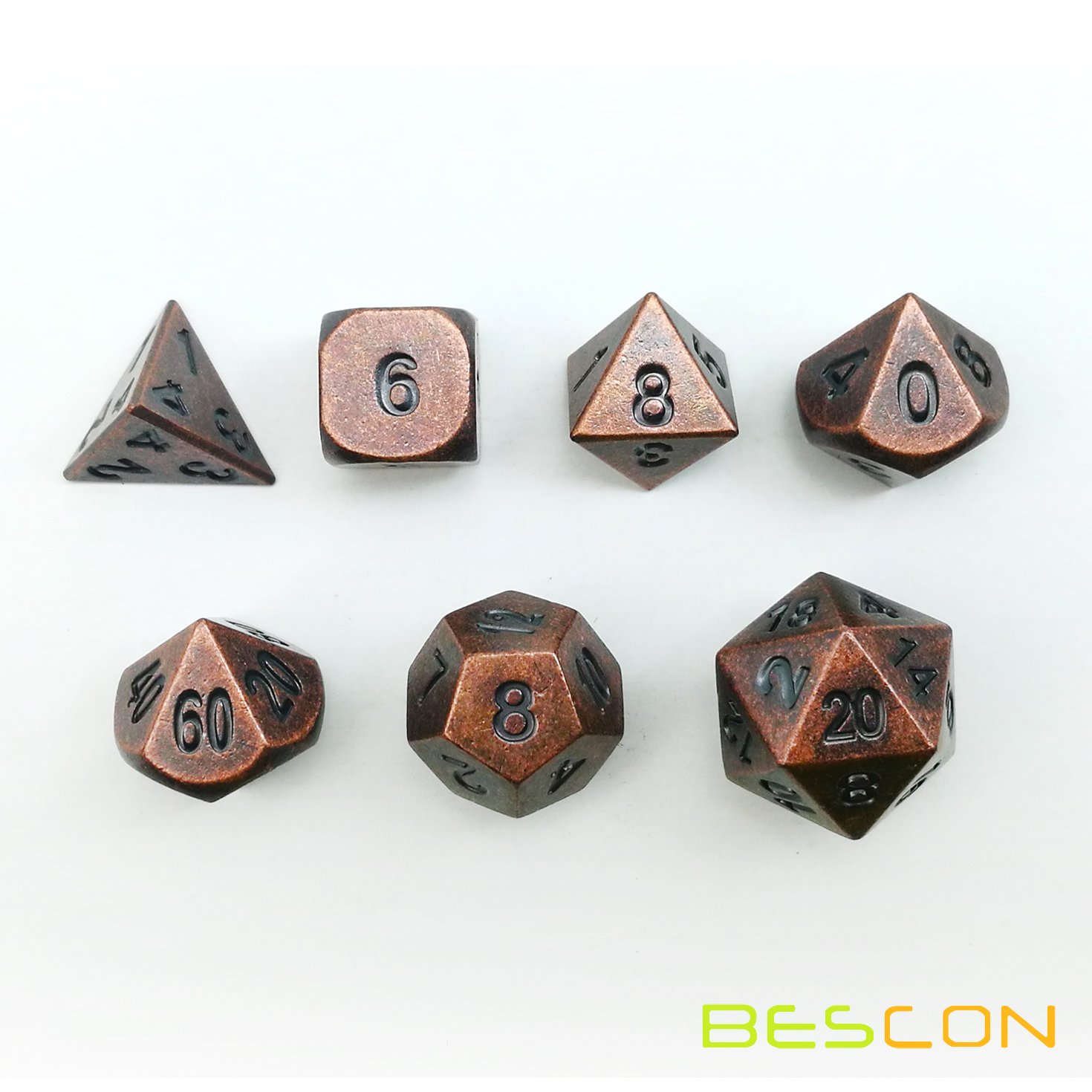 Bescon Antique Copper Solid Metal Polyhedral D&D Dice Set of 7 Old Copper Metal RPG Role Playing Game Dice 7pcs Set