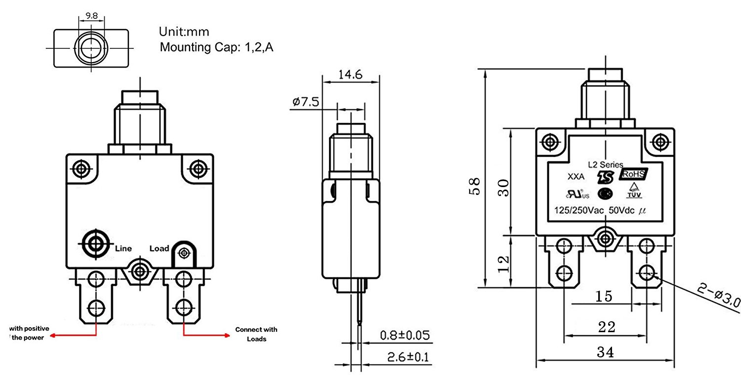 ZOOKOTO 2PCS 30A DC50V AC125-250V Push Button Reset Circuit Breakers with Quick Connect Terminals and Waterproof Button Black Cap