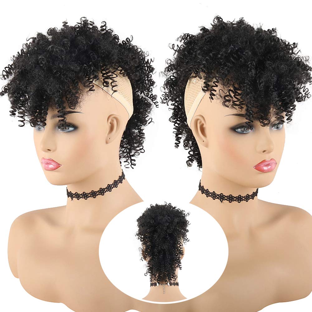 KRSI Afro High Puff Hair Bun Ponytail Drawstring With Bangs Synthetic Jerry Curly Mohawk Kinkys Curly Fauxhawks Pony Tail Clip in on Ponytails for Women Hair Extensions with six Clips(Black)