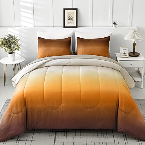 Gradient Brunt Orange Comforter Set Queen 7 Pieces Ombre Abstract Bed in a Bag Set for All Season - Lightweight Microfiber Bedding Set with Comforter, Pillowcases, Pillow Shams, Flat/Fitted Sheet