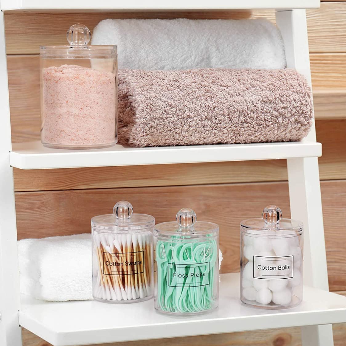 4 Pack Holder Dispenser for Cotton Ball, Cotton Swab, Cotton Round Pads, Floss - 10 oz Clear Plastic Apothecary Jar Set Storage Organization, Vanity Makeup Organizer