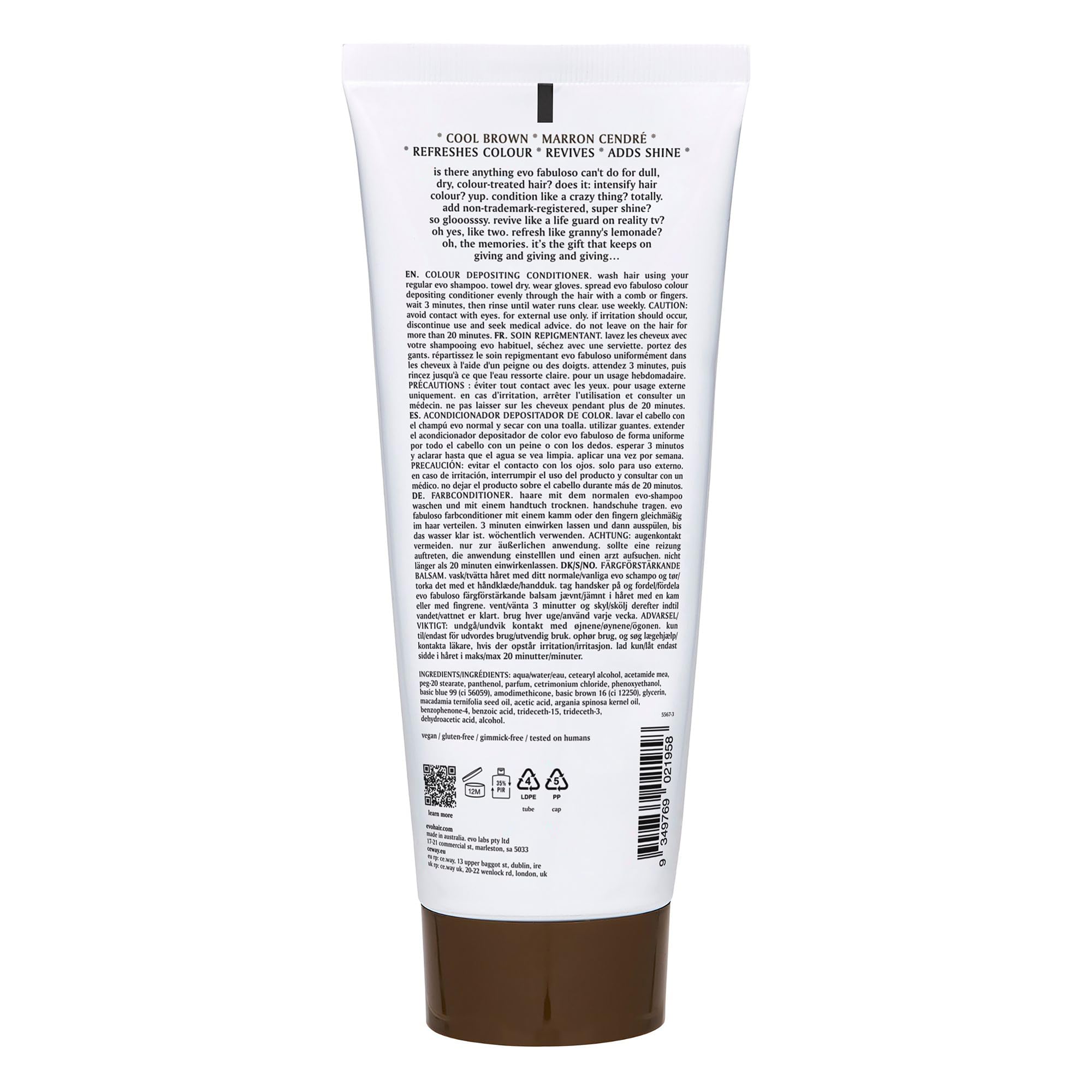 EVO Fabuloso Cool Brown Color Depositing Treatment - Color-Treated Hair Conditioner - Helps Maintain Color Depth, Tone & Shine - 220ml / 7.5fl.oz