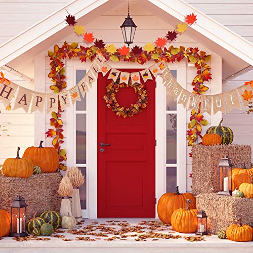 4 Pieces Thanksgiving Fall Decorations Burlap Thankful Banner Happy Fall Banner Pumpkins Maple Leaves Acorn Banner Felt Maple Leaves Garland Banner for Thanksgiving Decorations