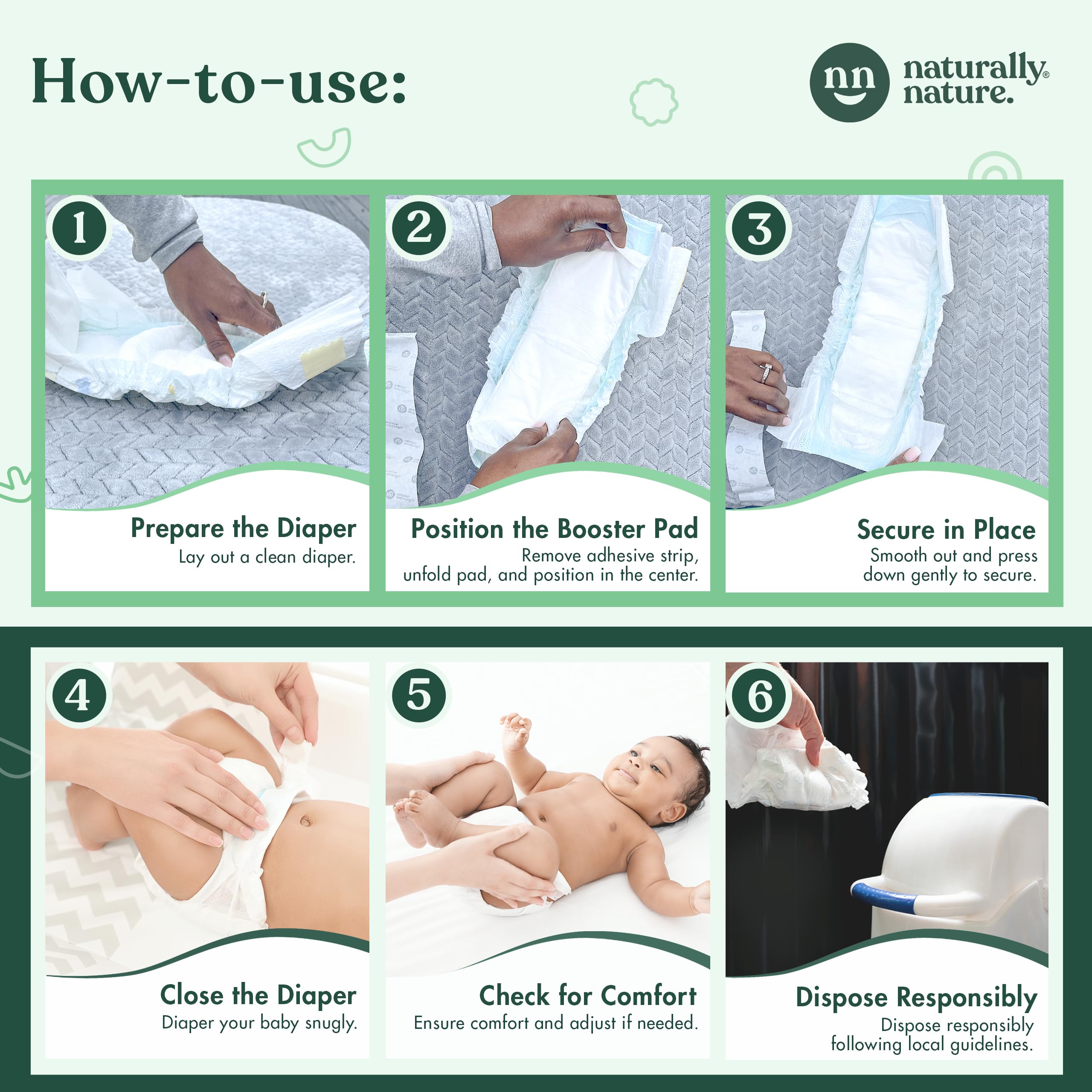 Naturally Nature Overnight Diaper Doubler Booster Pads with Adhesive (96 Count) for Pull-on & Regular Diapers | Nighttime Leak Protection for Heavy Wetters, Diaper Liners for Boys & Girls