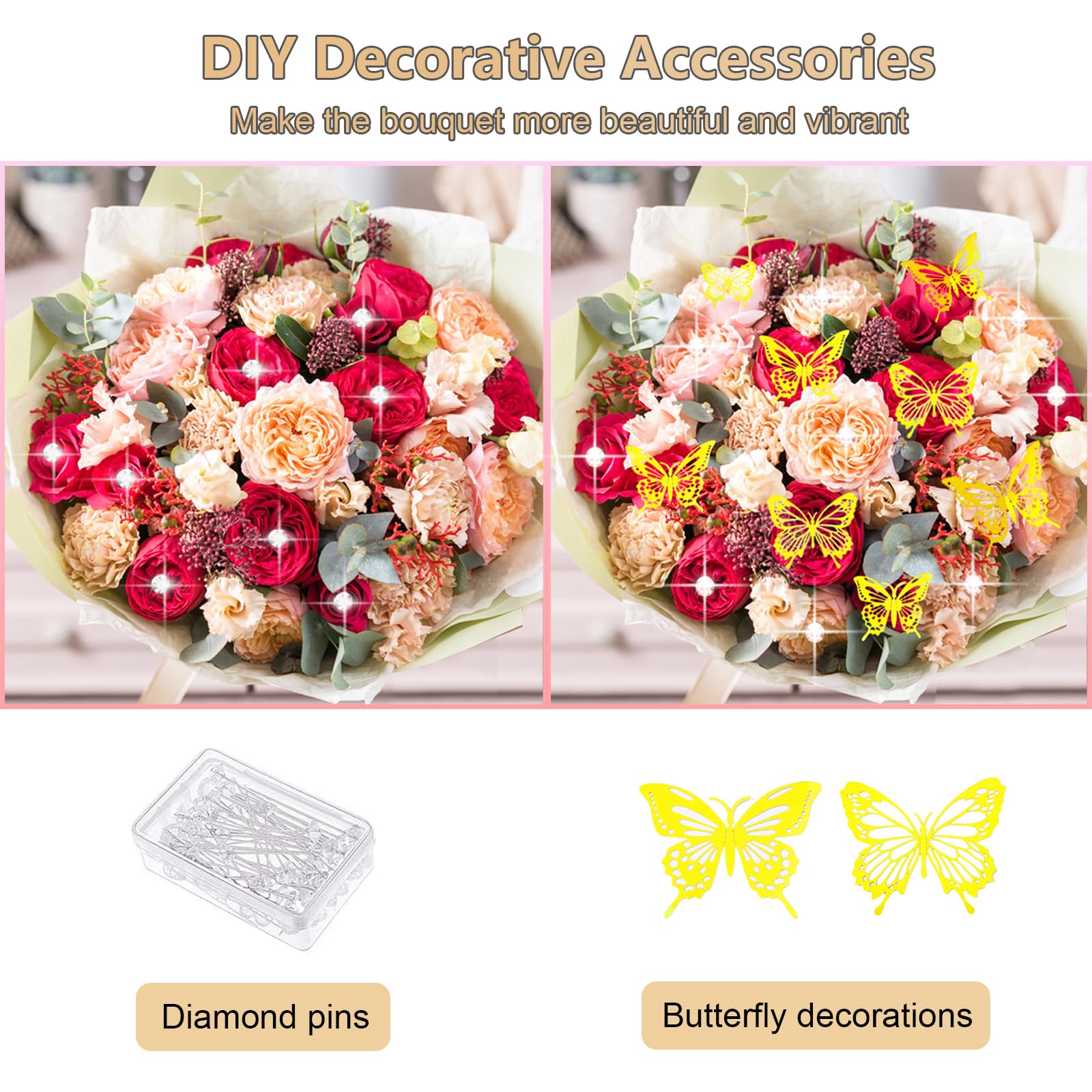 Unarty 20 Sheets White Flower Wrapping Paper with Ribbon, 24Pcs Gold Butterfly Decorations, 50Pcs Flower Pins, Waterproof Bouquet Wrapping Paper with Gold Edge, White Flower Paper Wrap
