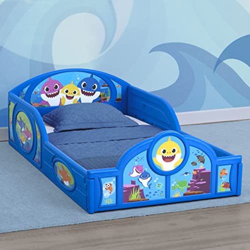 Baby Shark 5-Piece Toddler Bedroom Set by Delta Children - Includes Bed, Table with 2 Chairs and 6 Bin Design and Store Toy Organizer, Blue