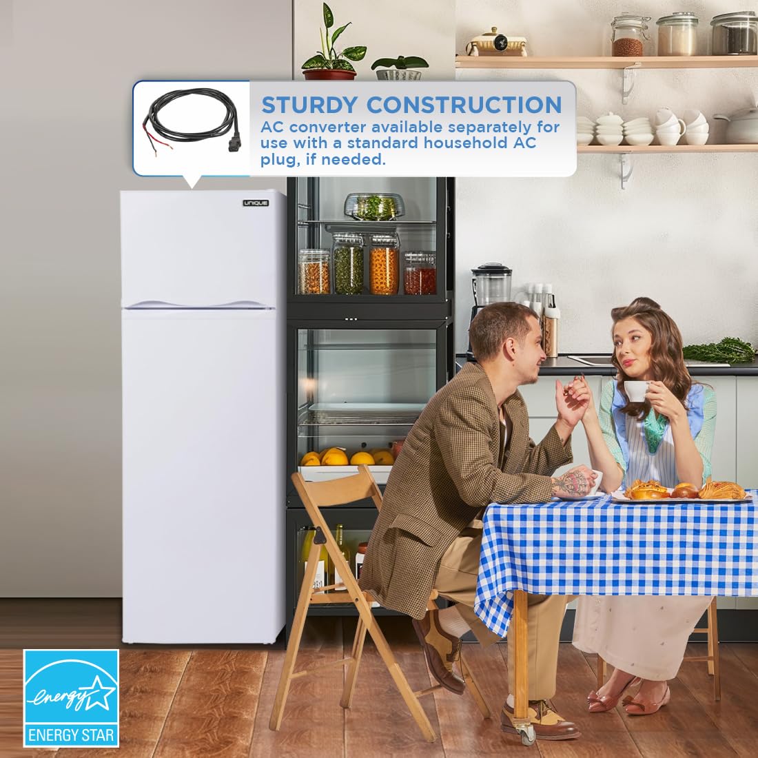 Unique Appliances UGP-260L W Solar Powered DC Refrigerator with Top Freezer Fridge for Bedroom, Campsite, and Off-Grid Locations, 9 cu./ft, White