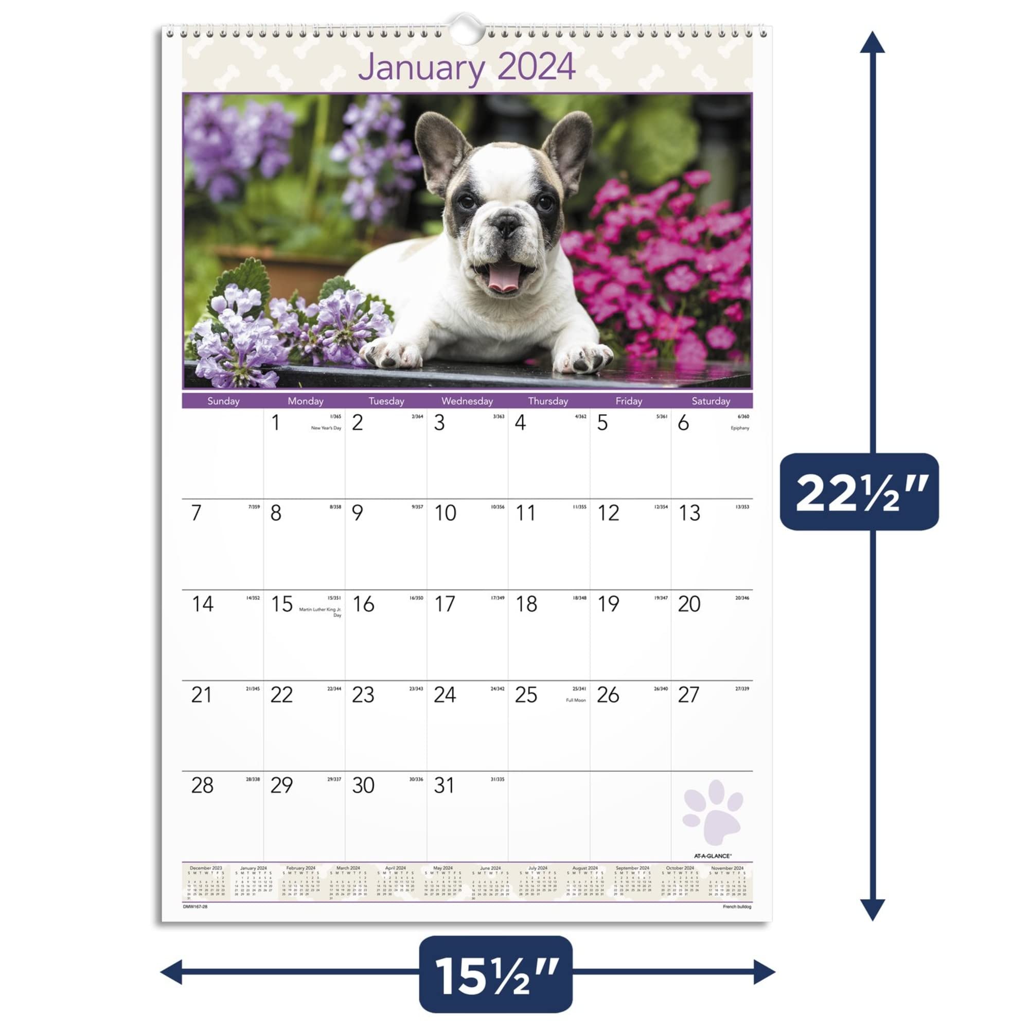 2024 AT-A-GLANCEĀ® Puppies Monthly Wall Calendar, 15-1/2" x 22-3/4", January to December 2024, DMW16728