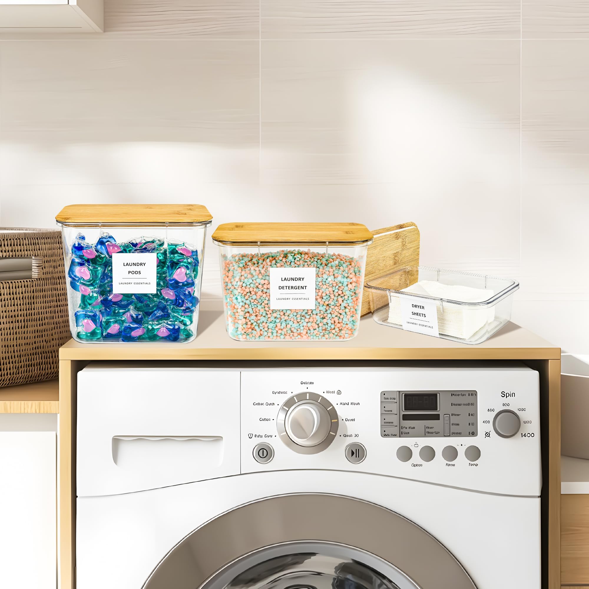 4 Pack Laundry Room Organization Storage Containers, Laundry Pods Container and Dryer Sheet Holder, Laundry Pods Container with Lids and Labels for Laundry Detergent Laundry Pods Dry Sheet Organizing