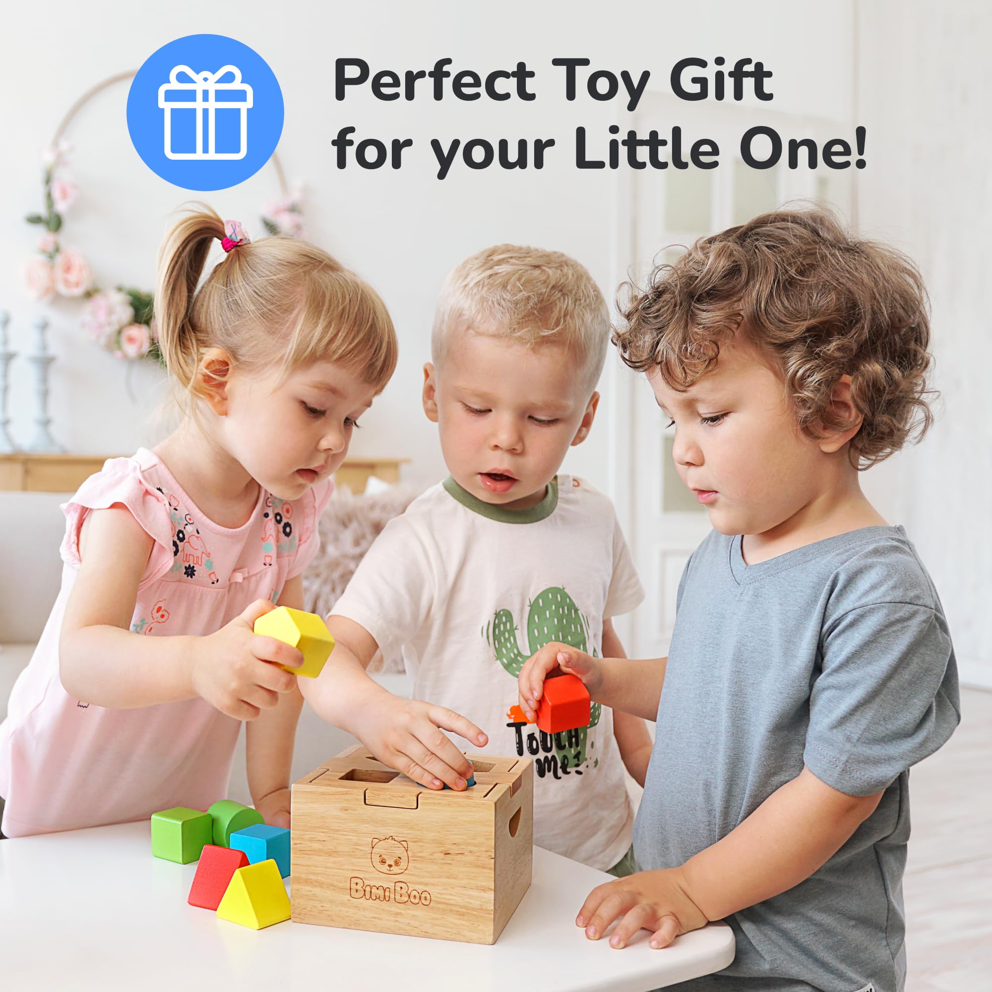 Bimi Boo Wooden Shape Sorter Toy for Babies - Classic Montessori Shape Sorter with Noise-Reducing Silicone Pad - Perfect Sorting Toy for Toddlers (8 Various Blocks, 1 Box, 1 Silicone Pad)