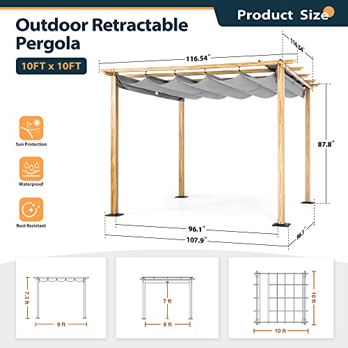 HAPPATIO 10' X 10' Pergola Retractable Pergola Canopy for Backyard, Garden, Patio; Woodgrain-Look Aluminum Pergola with Retractable Pergola Canopy, Includes Anchors and Expansion Screws (Grey)