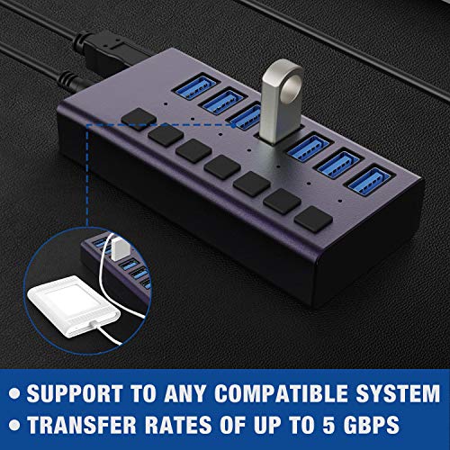 USB 3.0 Hub -7 Ports Powered USB Hub 36W USB Charging Hub with Individual On/Off Switches and 12V/3A Power Adapter and Light for PC, Laptop, Computer, Mobile HDD, Flash Drive and More(Purple)