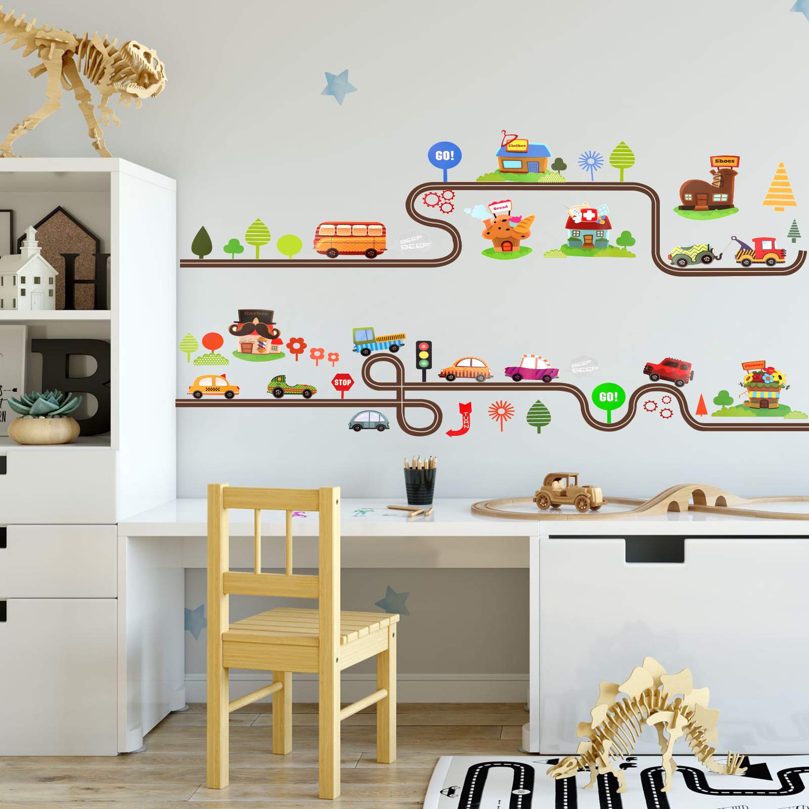 OOTSR Wall Decals, Car Track Wall Sticker Decor for Boys Girls Bedroom, Nursery Room, Home, Living Room Decor