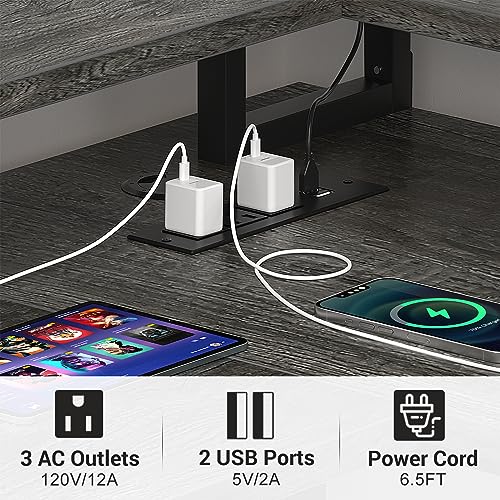 armocity L Shaped Computer Desk with Power Outlets, Gaming Desk L Shaped with LED Lights, Corner Desk with Storage Shelves, Work Study Desk for Bedroom, Home Office Small Spaces, 47'', Grey