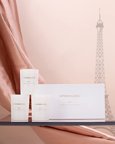 Aroma360 - Dream On - Paris Collection Candle Trio - Luxury Scented Candles with Essential Oils - White Tea, Sweet Vanilla & Earthy Cedar - Aromatherapy - Soy Candles - 80hr Burn - 11 oz - Set of 3
