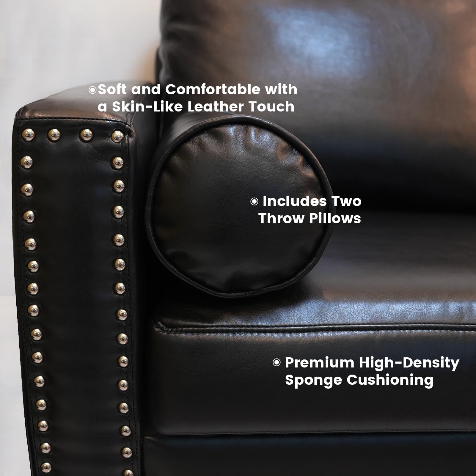 CONSDAN Leather Couch, 83" Chesterfield Sofa with Soft High-Resilience Cushion, Sofa Couch with Button Tufting and Nailhead Trim, Brown