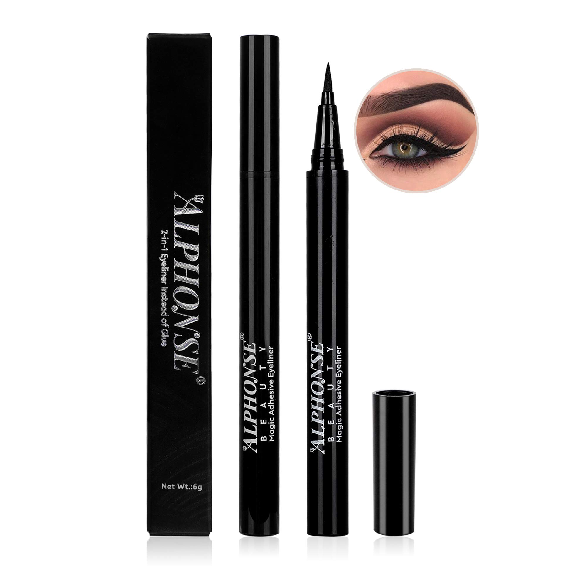 2-In-1 Self-Adhesive Eyeliner Instead of Eyelash Glue, ALPHONSE Waterproof Liquid Black Eyeliner Strong-Hold Eyeliner No Magnets No Glue
